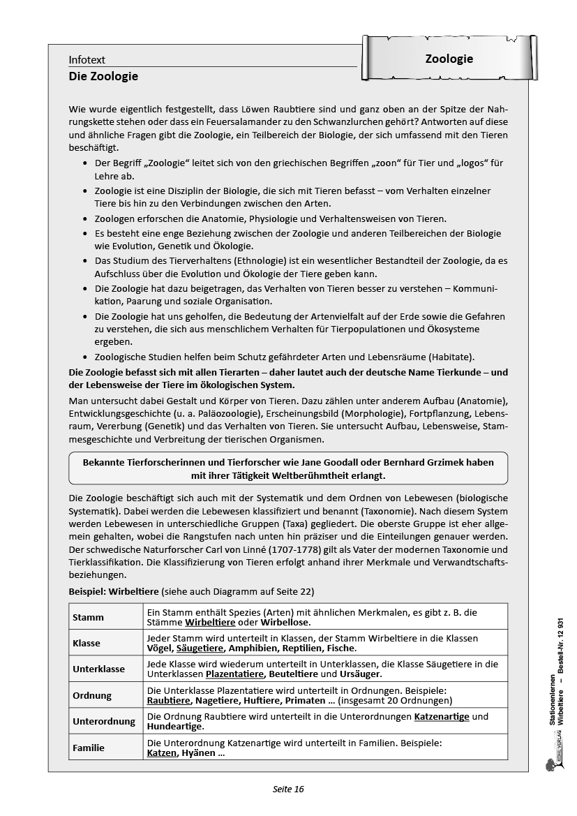 Stationenlernen Wirbeltiere