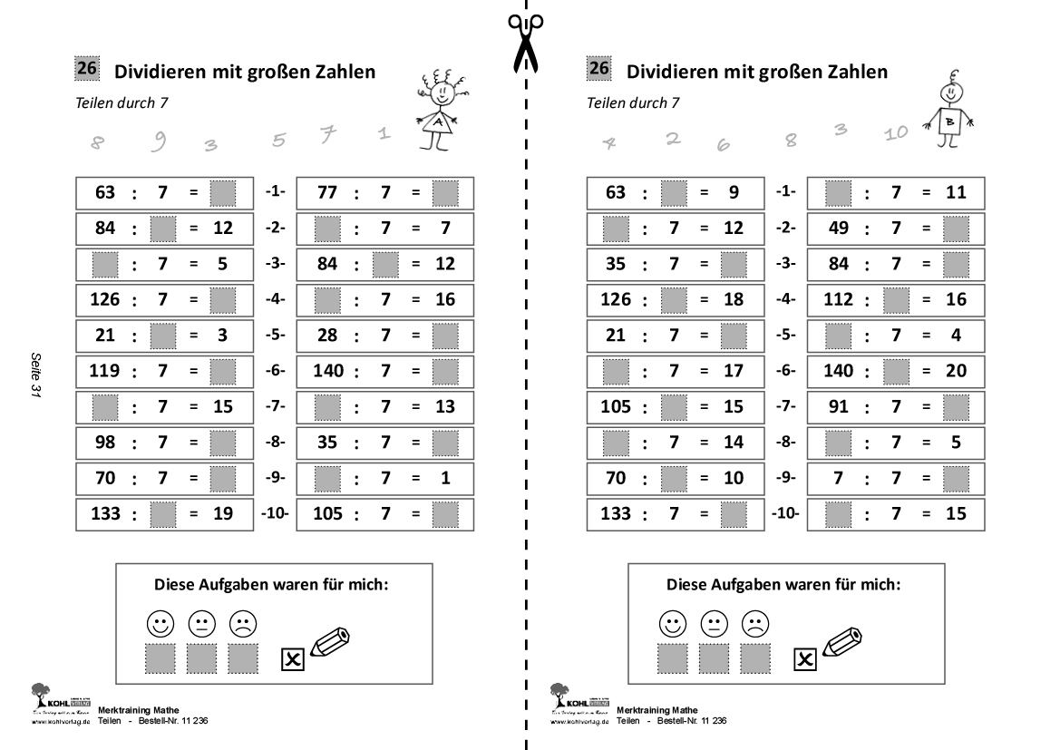 Merktraining Mathe - Teilen - mit Selbsteinschätzungsbögen
