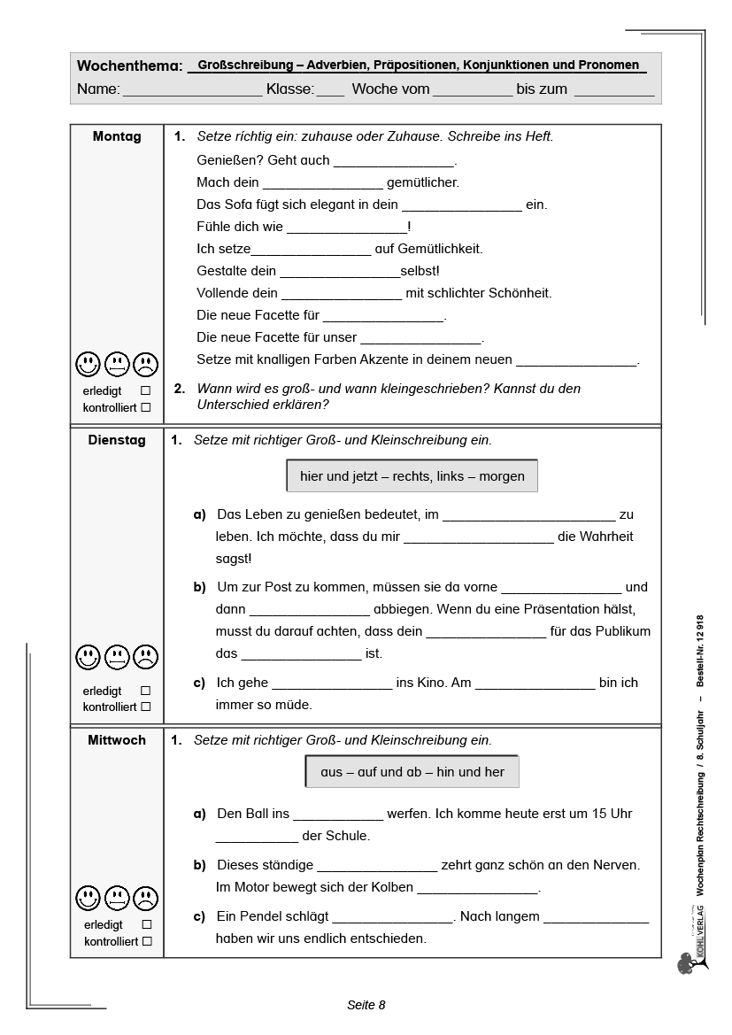 Wochenplan Rechtschreibung / Klasse 8