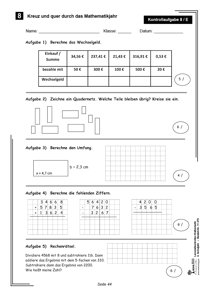 Lernzielkontrollen Mathematik / Klasse 4