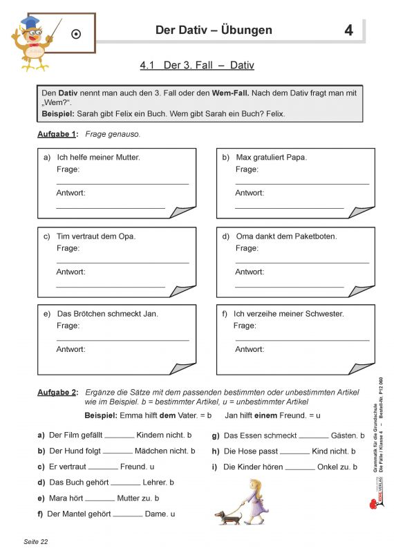 Arbeitsblätter zum Thema Dativ in der 4. Klasse